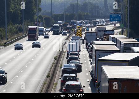 Illustration picture shows traffic congestion with lots of trucks and cars after an accident ...