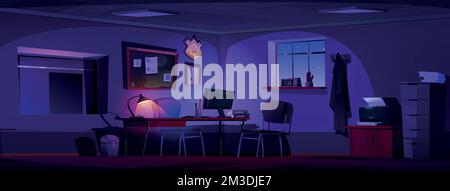 Night police office station interior room. Dark inside bureau cartoon ...