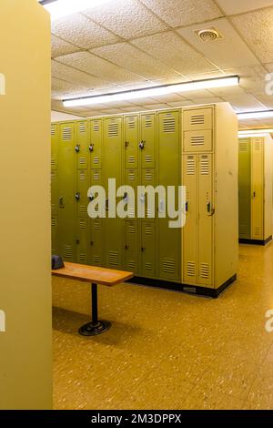 Old yellow metal gym, gymnasium, lockers with an old locker room Stock ...