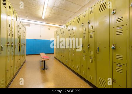 Old yellow metal gym, gymnasium, lockers with an old locker room Stock ...