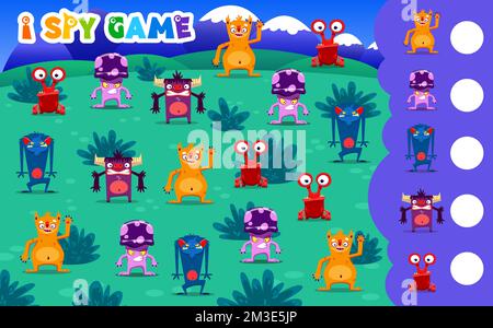 I spy educational game for kids with monster mouths, vector puzzle ...
