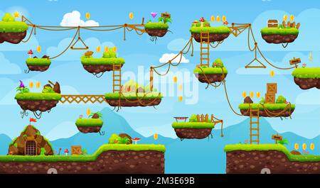 2d arcade game level map interface. Platform, stairs, coin, bonus and ...