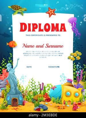 Kids diploma with underwater sea animals, education school or ...