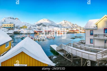 Marvelous snowy morning cityscape of Sorvagen town and port. Popular ...