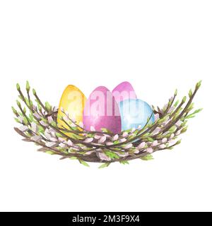 Willow pussy nest watercolor with spring twigs, colored eggs, red bow ...