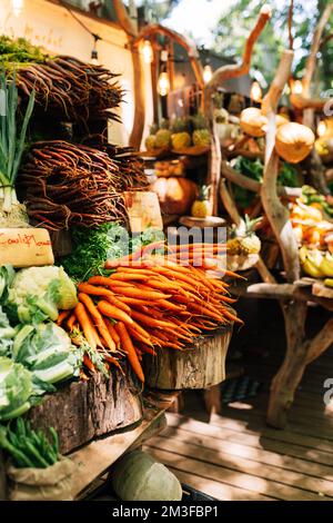Farmer's market stall with a lot of vegetables and fruits. Local ...