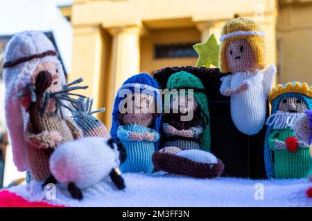 Knitted Nativity scene on a post box in Birchington Kent UK. Knitted by ...