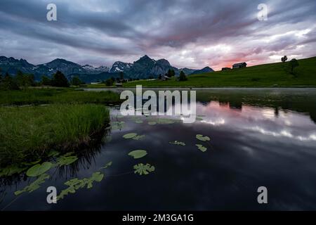 Schwendisee with reflection of the Altmann peak, Wildhaus, Appenzell ...