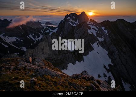 Summit of the Altmann at sunrise, Wildhaus, Appenzell, Switzerland ...
