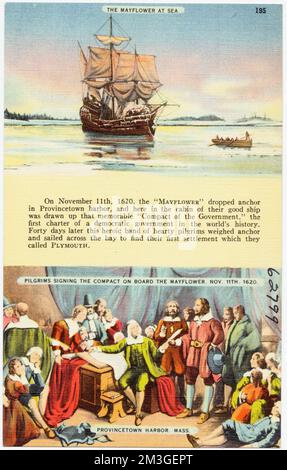 The Mayflower at sea, pilgrims signing the compact on board the ...