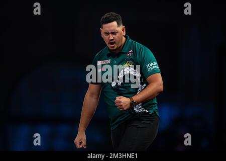 Ben Robb reacting during day one of the Cazoo World Darts Championship ...
