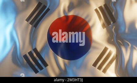 Close-up view of the South Korea national flag waving. The flag is a ...