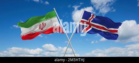 Iceland and Iran Flags Crossed And Waving Flat Style. Official ...