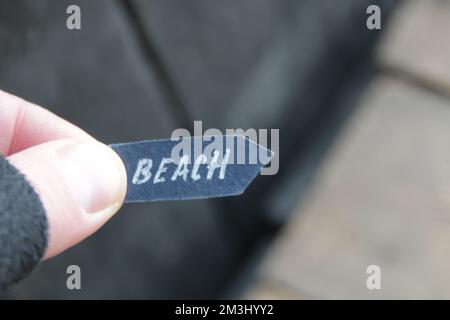 Beach idea. A hand holds a pointer with the inscription beach on a ...