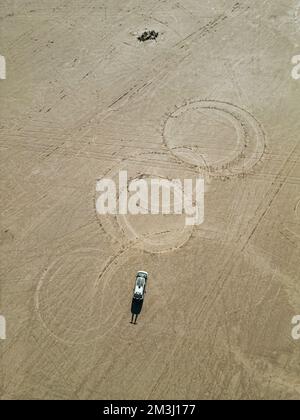 Aerial view of self converted camper van recreational vehicle driving ...