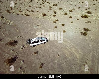 Aerial view of self converted camper van recreational vehicle driving ...
