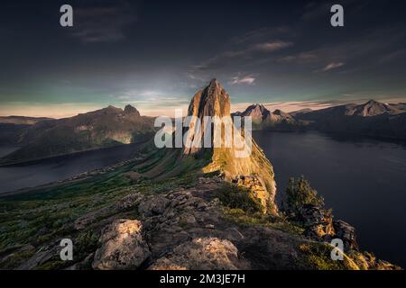 Epic dark landscape of Mount Segla viewed from Mount Hesten after ...