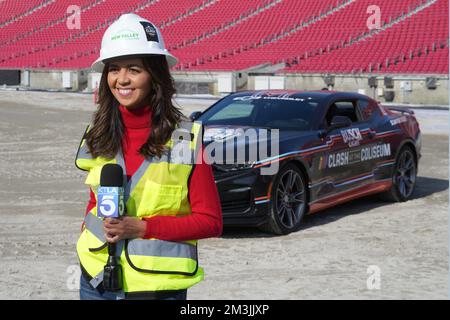 KTLA 5 Morning News reporter Erin Myers (left) interviews NASCAR driver ...
