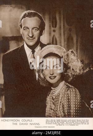 DAVID NIVEN (1910-1983) English actor with his wife Hjordis in 1979 ...