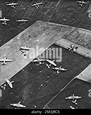 British Horsa gliders and parachutes near Caen after allied airborne ...