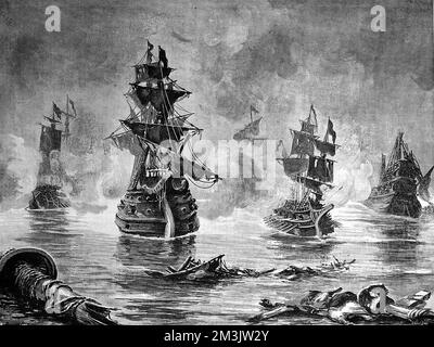 The battle between the English fleet and the Spanish Armada off the ...