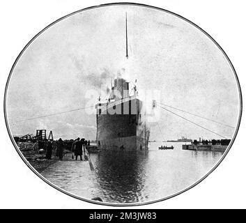 The S.S. Olympic, launched in 1911, is shown here in a full-length ...