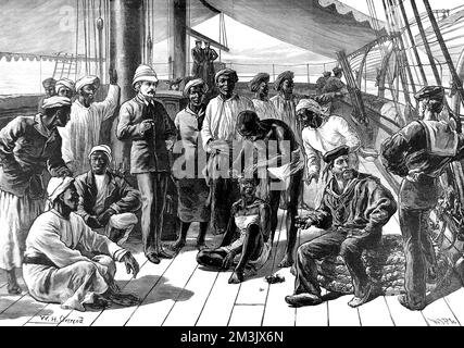 Sir Henry Morton Stanley and his followers hauling canoes up Stock ...