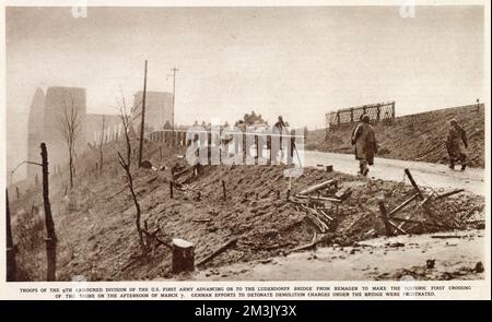WW2 March 1945 Allied army trucks crossing the Bailey pontoon bridge ...