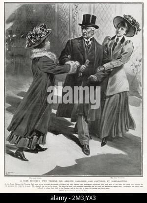 Asquith ambushed by Suffragettes 1908 Stock Photo - Alamy