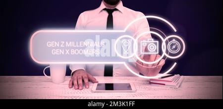Sign displaying Gen Z Millennials Gen X Boomers, Business overview ...
