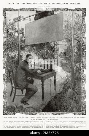 Marconi with his wireless telegraph apparatus. Date: circa 1896 Stock ...