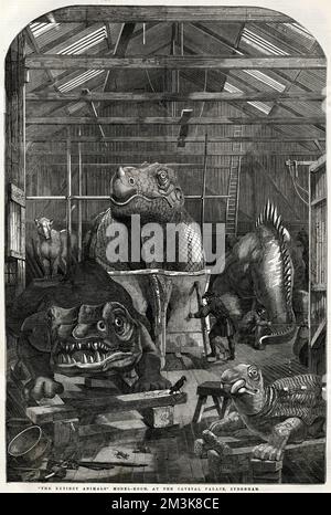 The extinct animals model room at the Crystal Palace, Sydenham. These ...
