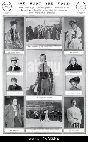 1900s Suffragette movement. Women in the street with banners demanding ...