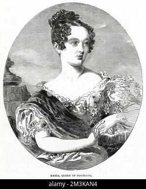 Maria II of Portugal (1819-1853) on engraving from 1859. Queen regnant ...