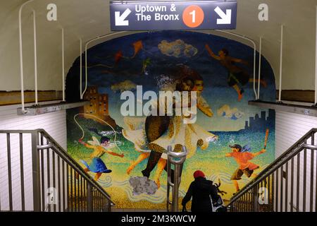 Interior view of 191st street line 1 subway station with mural ...