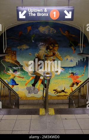 Interior view of 191st street line 1 subway station with mural ...