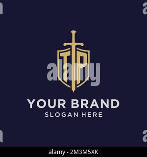 TP initial monogram logos with sword and shield shape design ideas ...