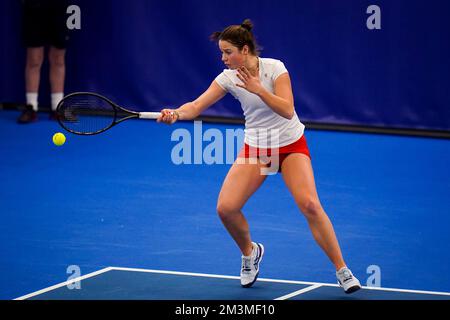 AMSTELVEEN, NETHERLANDS - DECEMBER 14: Suzan Lamens serves in her women ...