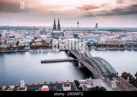 Cologne Aerial view with trains move on a bridge over the Rhine River ...