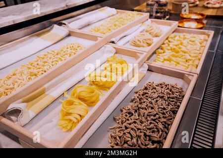 Vegan Spaghetti and pasta in the window of a grocery store or in a ...
