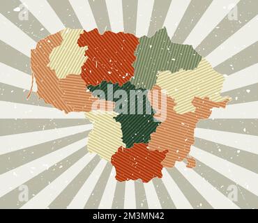 Vintage map of Lithuania. Grunge sunburst around the country. Black ...