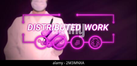 Hand writing sign Distributed Work. Word for practiced by enterprises using network facilities ...