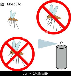 A set of mosquitoes icon and prevetion mark with medication, japanese ...