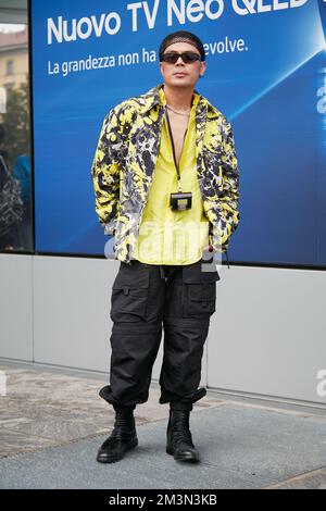 Milan, Italy - September, 24, 2022: woman wears faux fur green lime ...
