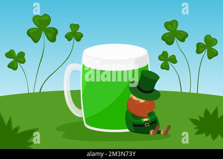 Leprechaun asleep leaning on mug of green beer. St. Patrick's Day ...