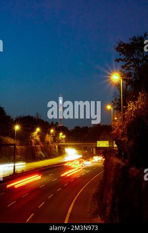 Night shots of the Highway, Autobahn, and the skyline of Dusseldorf ...
