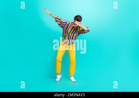 Full body photo of trend beard guy look telephone wear t-shirt jeans ...