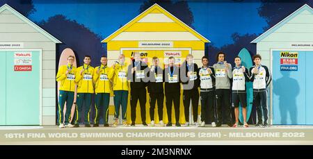 Silver medalists team Australia pose on the podium after the women's 4x100-meter medley relay ...