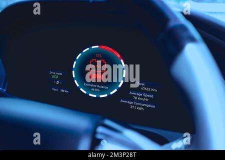 Low battery warning light on the interface screen of an electric car ...