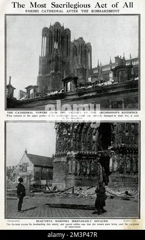 Reims, France - ruins during WW1 bombing, showing the Cathedral and ...
